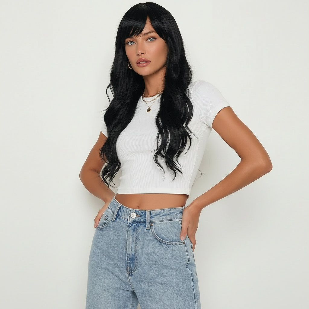 "Aaliyah" - Long Black Wig with Bangs – The Extension Room